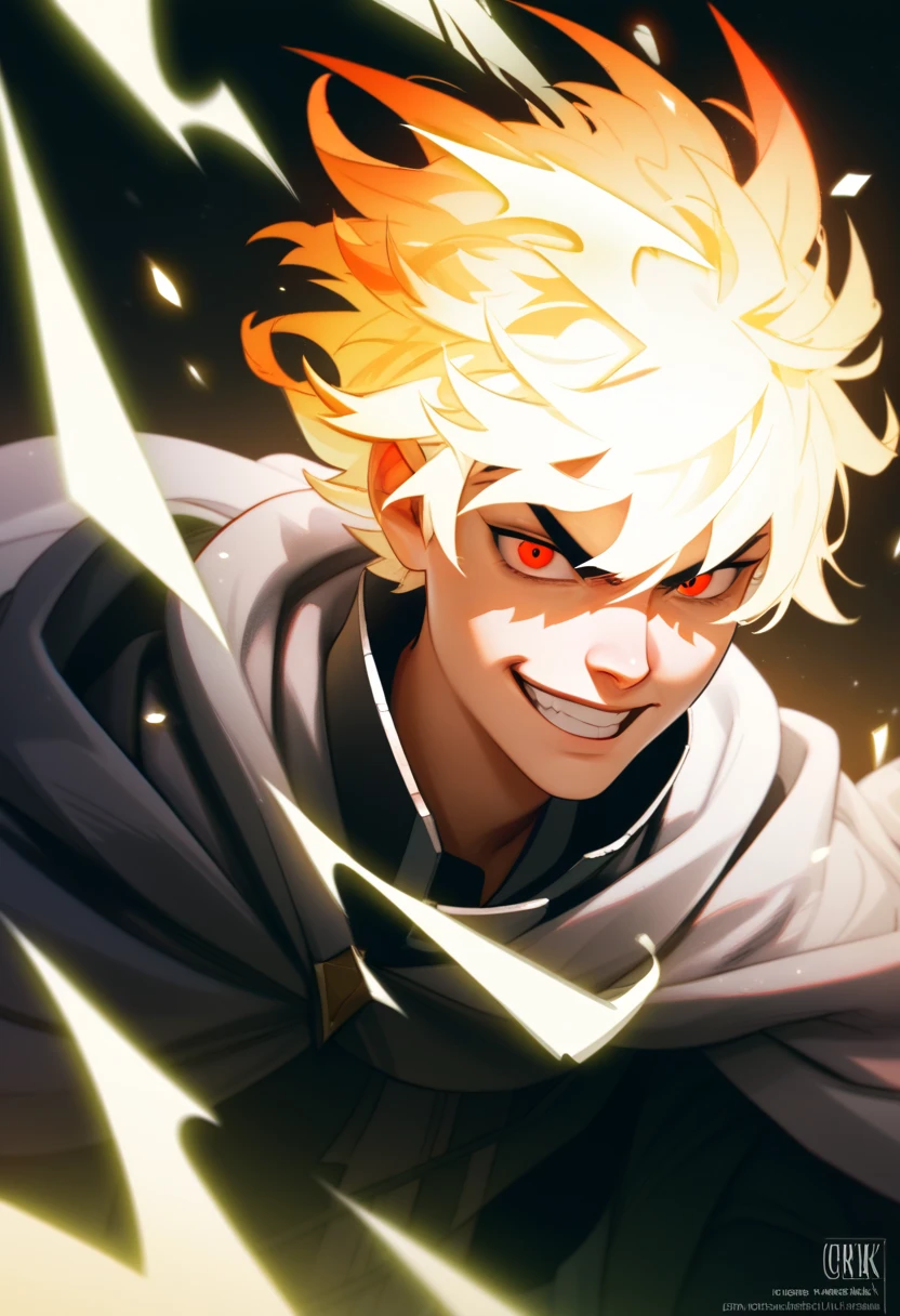 A young boy 15yr,messy short fire hair,angry,smile villain,sharp gaze ...