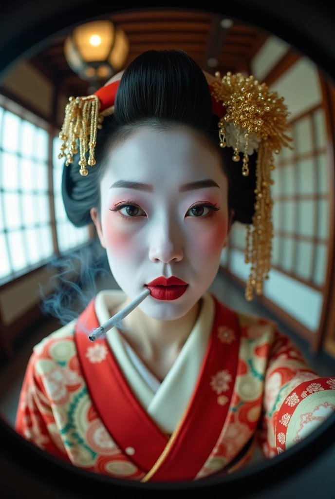 Japanese geisha smoking, close up selfie style circular camera pov ...