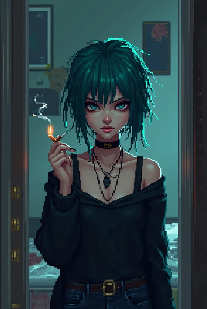 Pixel goth girl with teal hair smoking in her room - SeaArt AI