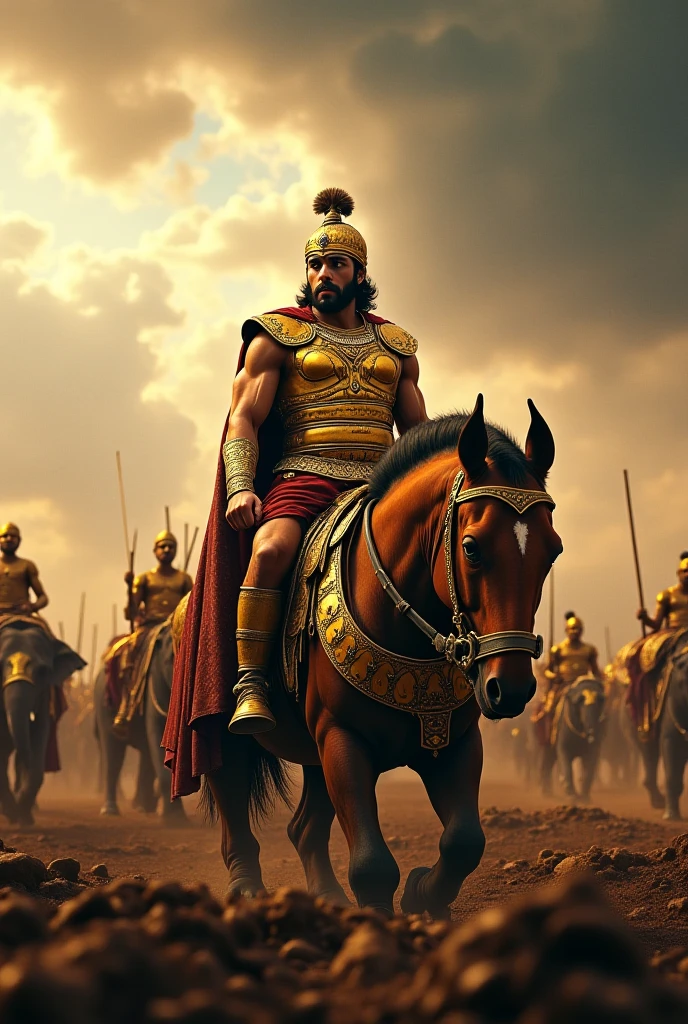 Prompt: A warrior in golden armor, standing on a grand chariot - SeaArt AI