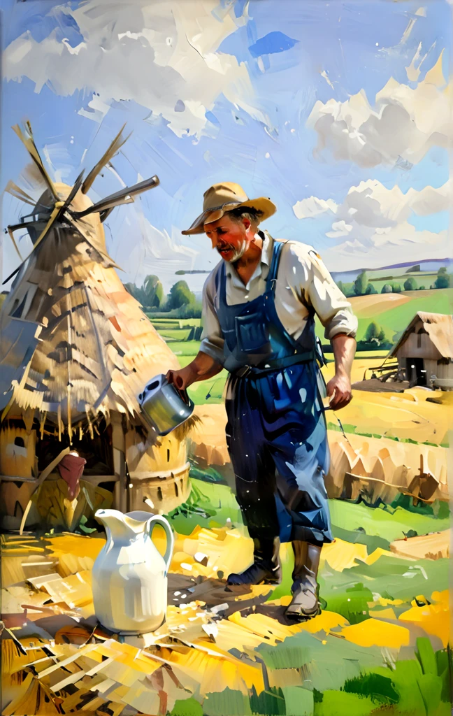 Field, haystack , farmer drinks milk from a jug, - SeaArt AI