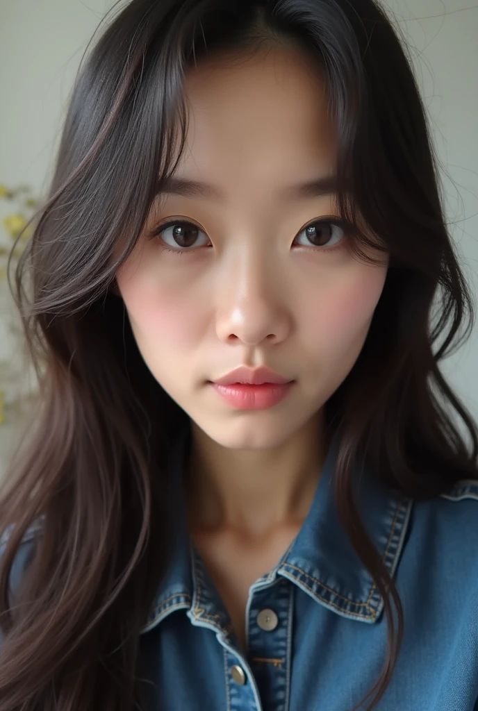 A close up of a woman with long hair wearing a denim shirt, a picture ...