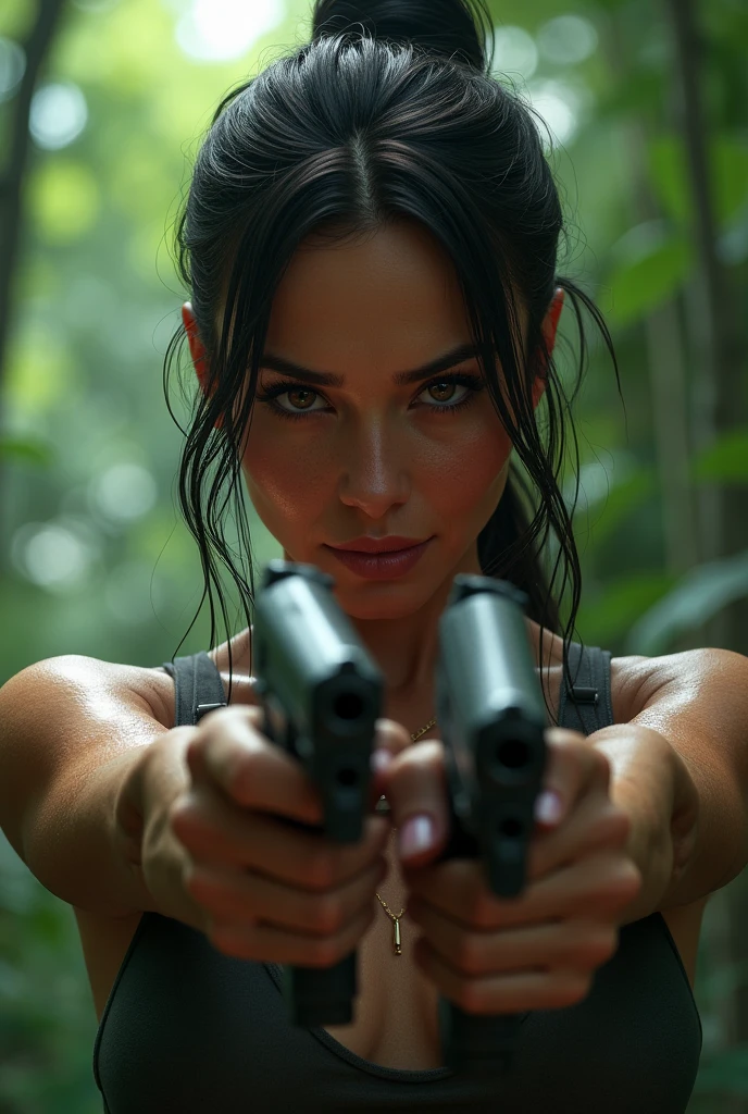 A close up of a woman holding two guns in a jungle, lara croft - SeaArt AI
