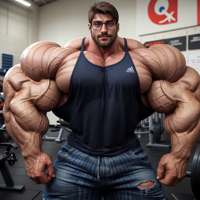 A very handsome man, big eyes, glasses, muscular, wearing a dark blue ...