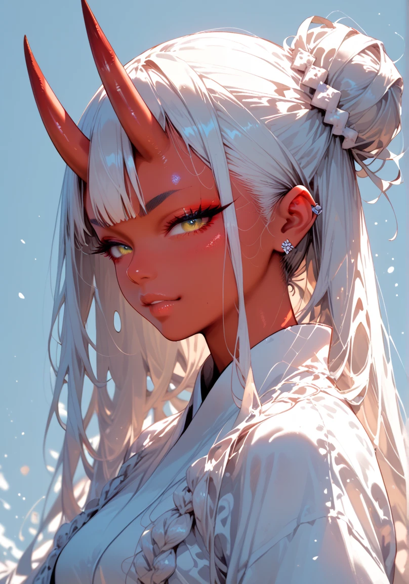 DOP,1girl, oni, colored skin, red skin, oni horns, white hair - SeaArt AI