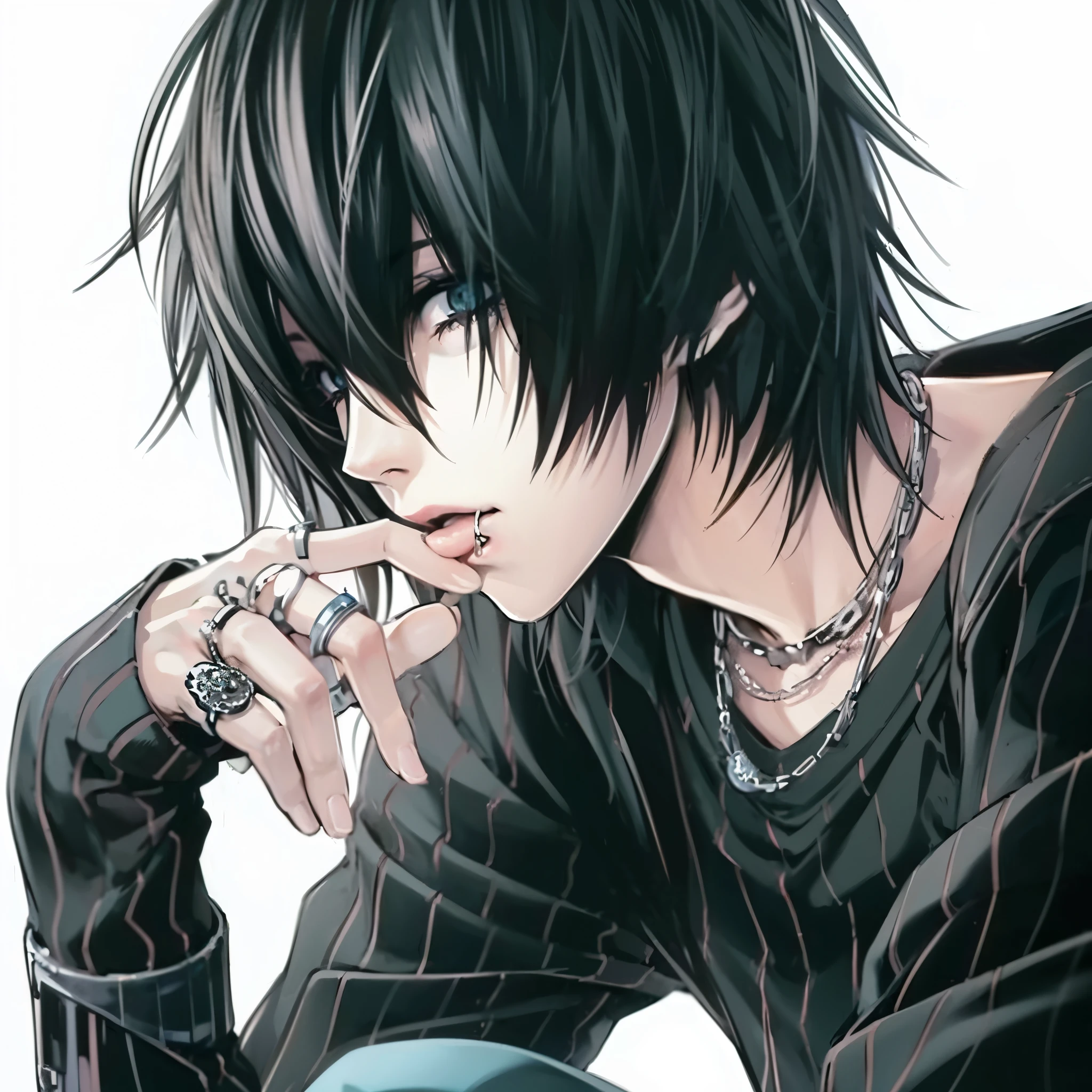 Anime boy with black hair and piercings sitting on a stool - SeaArt AI