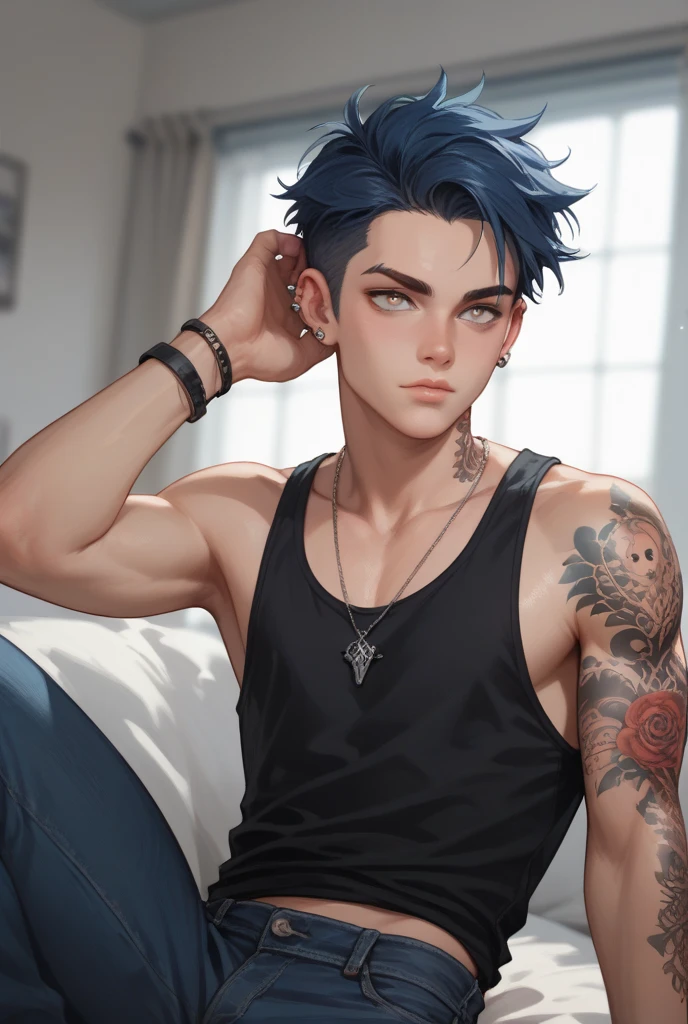 A slender man , with dark blue hair , gray eyes , with tattoos on the ...