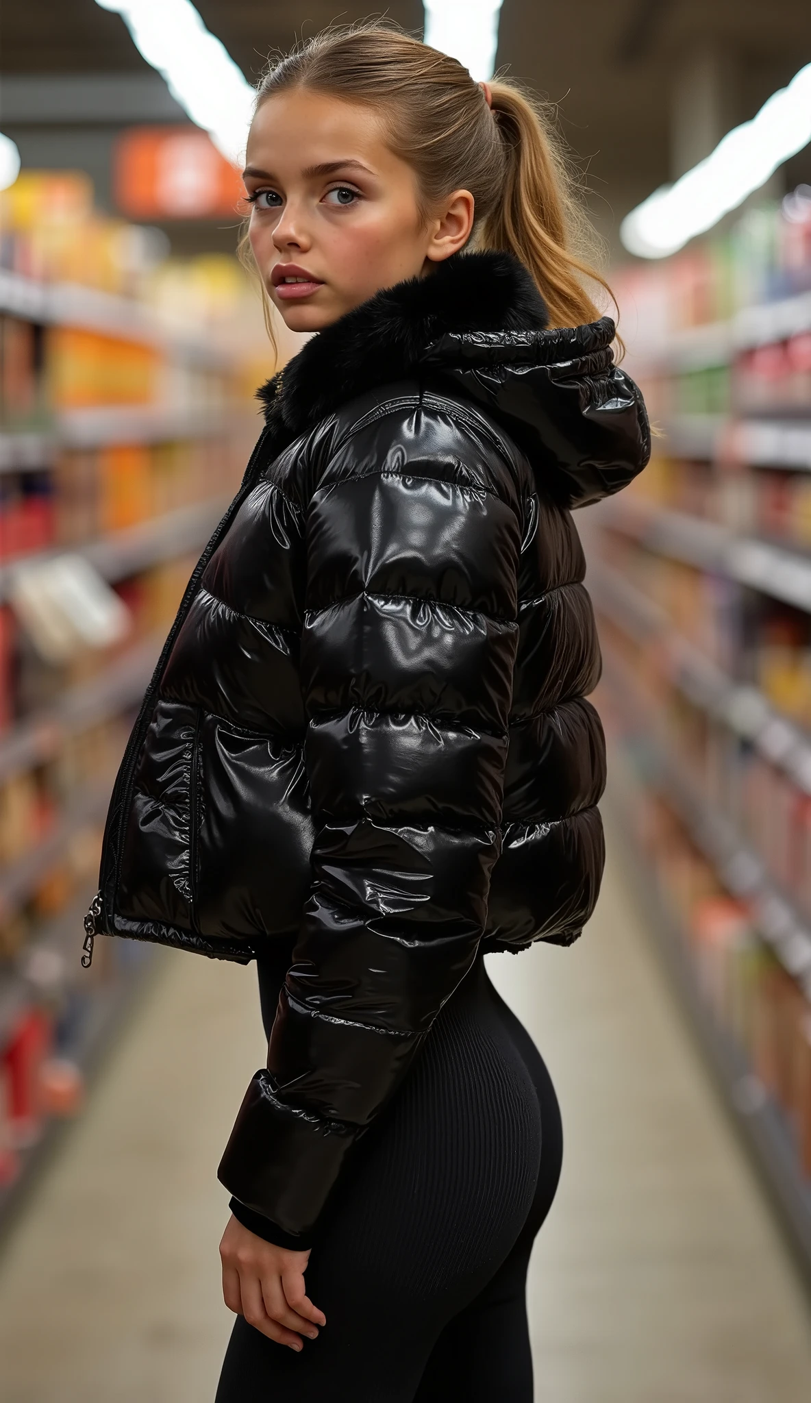 Arafed woman in a black jacket and leggings in a store aisle - SeaArt AI