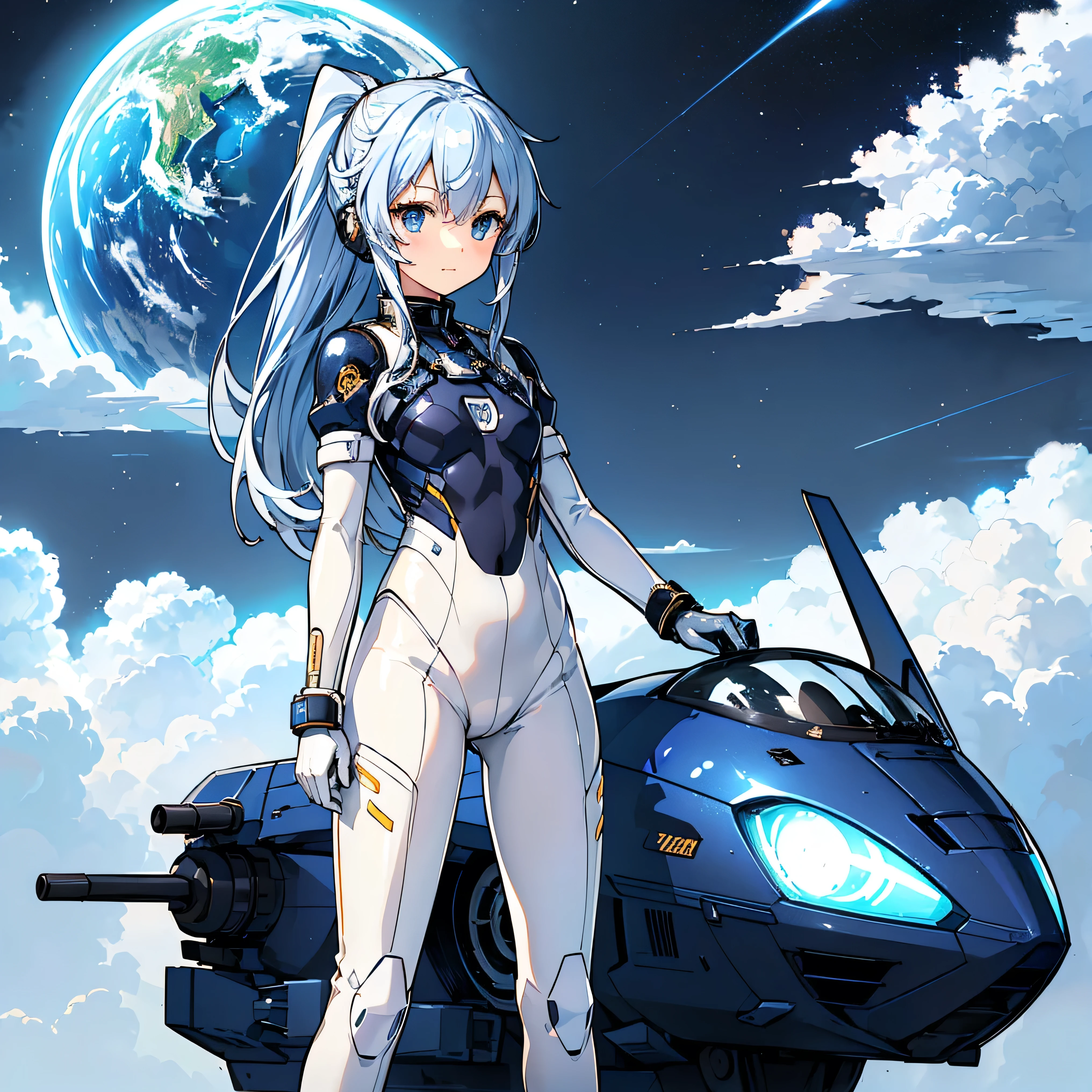 Anime girl in white outfit standing next to a futuristic vehicle ...