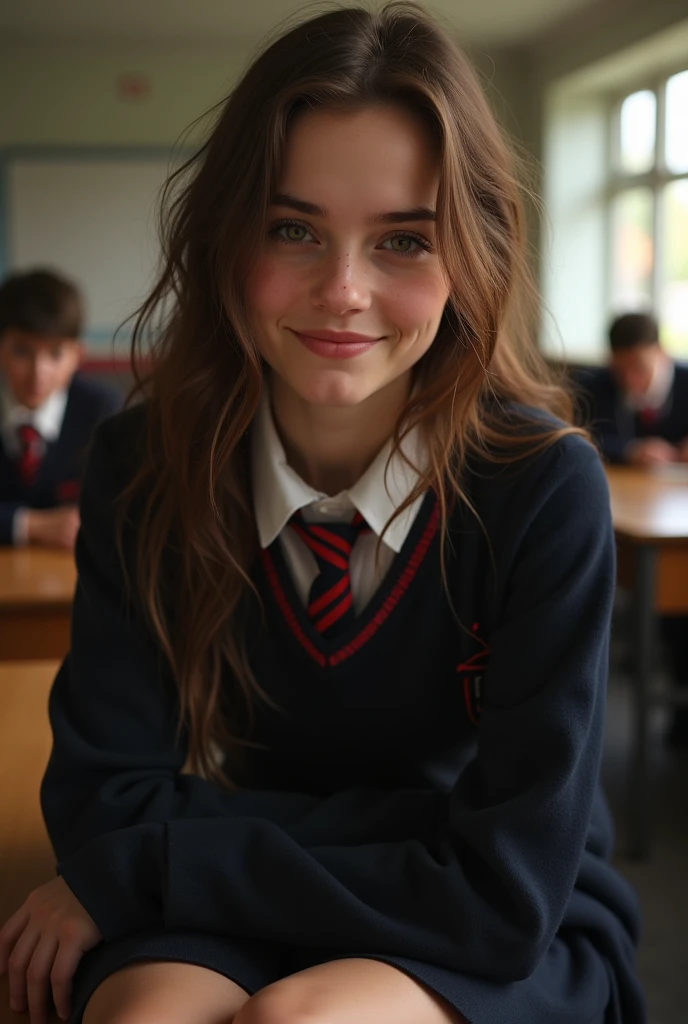 Photorealistic, a brunette smiling British 18yo girl who looks similar to Emma - SeaArt AI