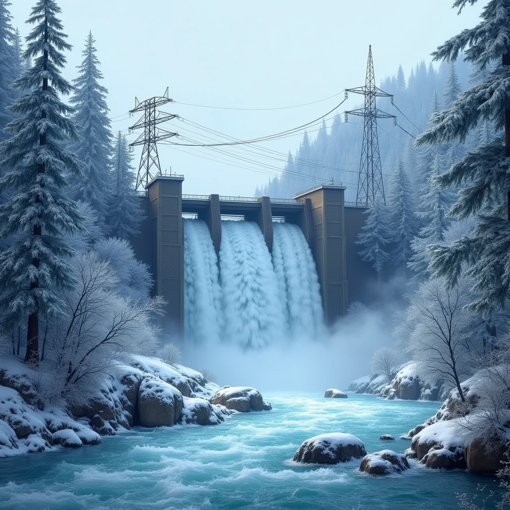 Winter, hydroelectric dam on the river, falling water , power line ...