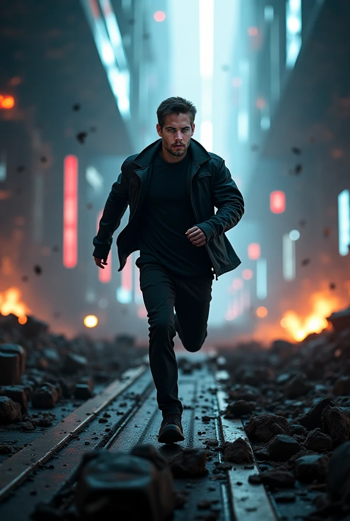 Paul Walker standing running toward the camera in a destroyed chaotic ...