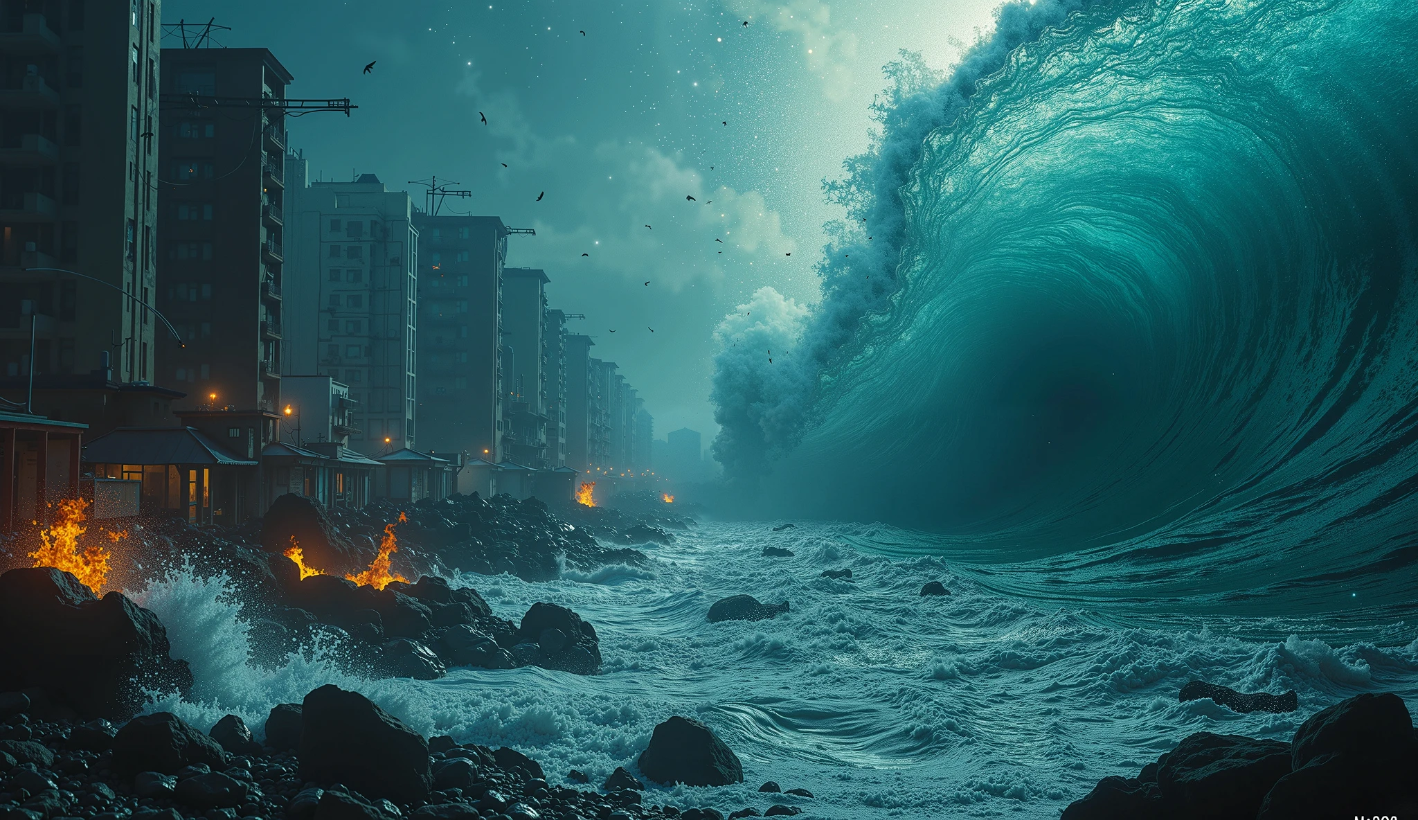 Arafed view of a huge wave crashing over a city - SeaArt AI