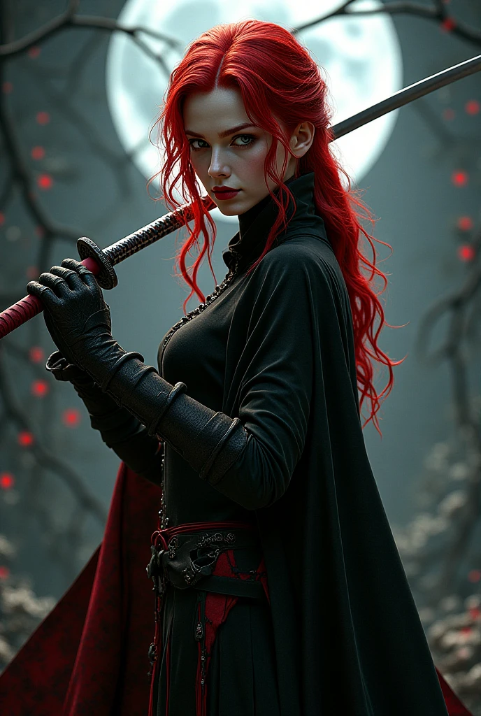 Red-haired vampire with katana - SeaArt AI