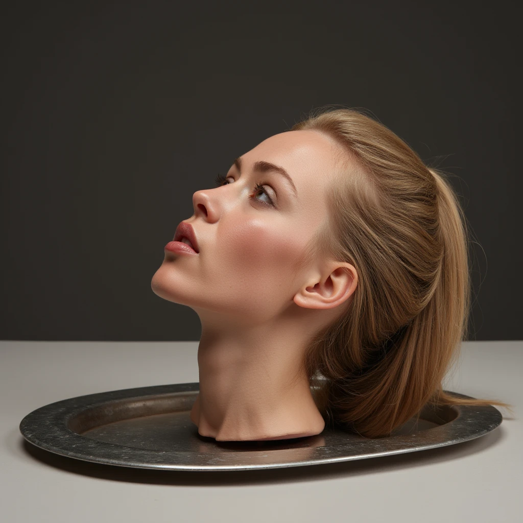 A beautiful young european woman's disembodied head is lying on a ...