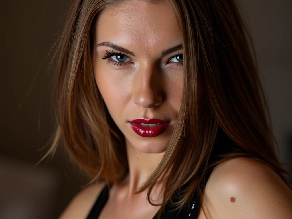 Face close up, latex rubber dress, deep red lips, lip gloss, shiny lips ...