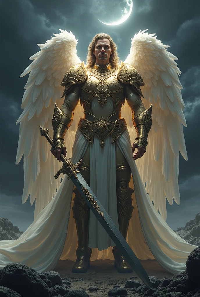 Archangel Michael with armor and sword at night - SeaArt AI