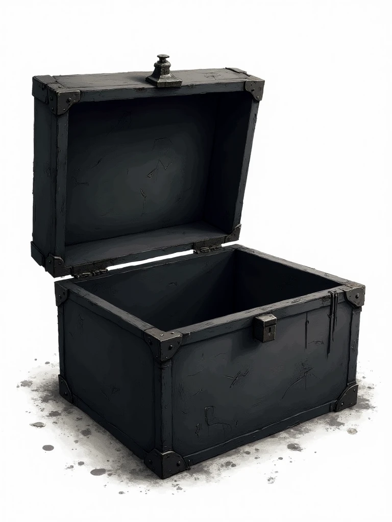An illustration-style, old and worn black mystery box with visible ...