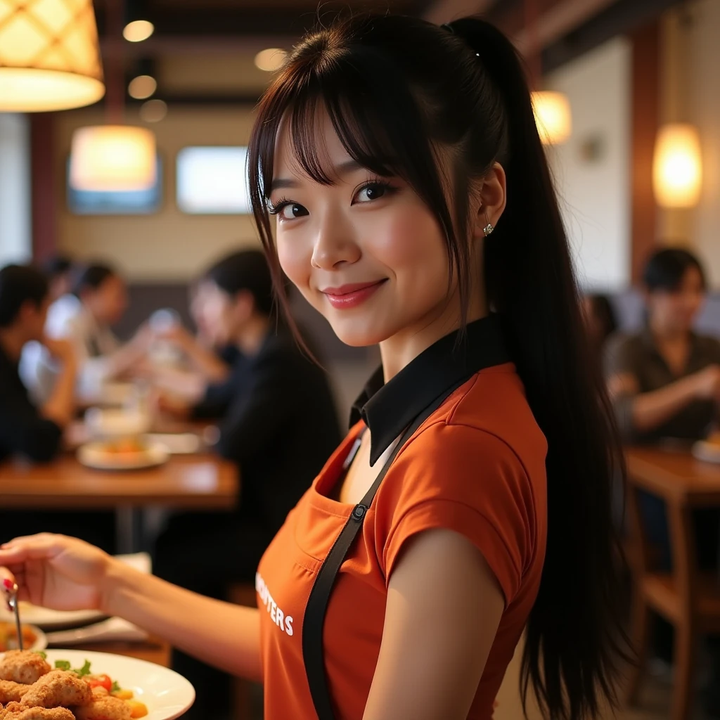 An elegant Japanese woman working as a server at Hooters, smiling and interactin - SeaArt AI