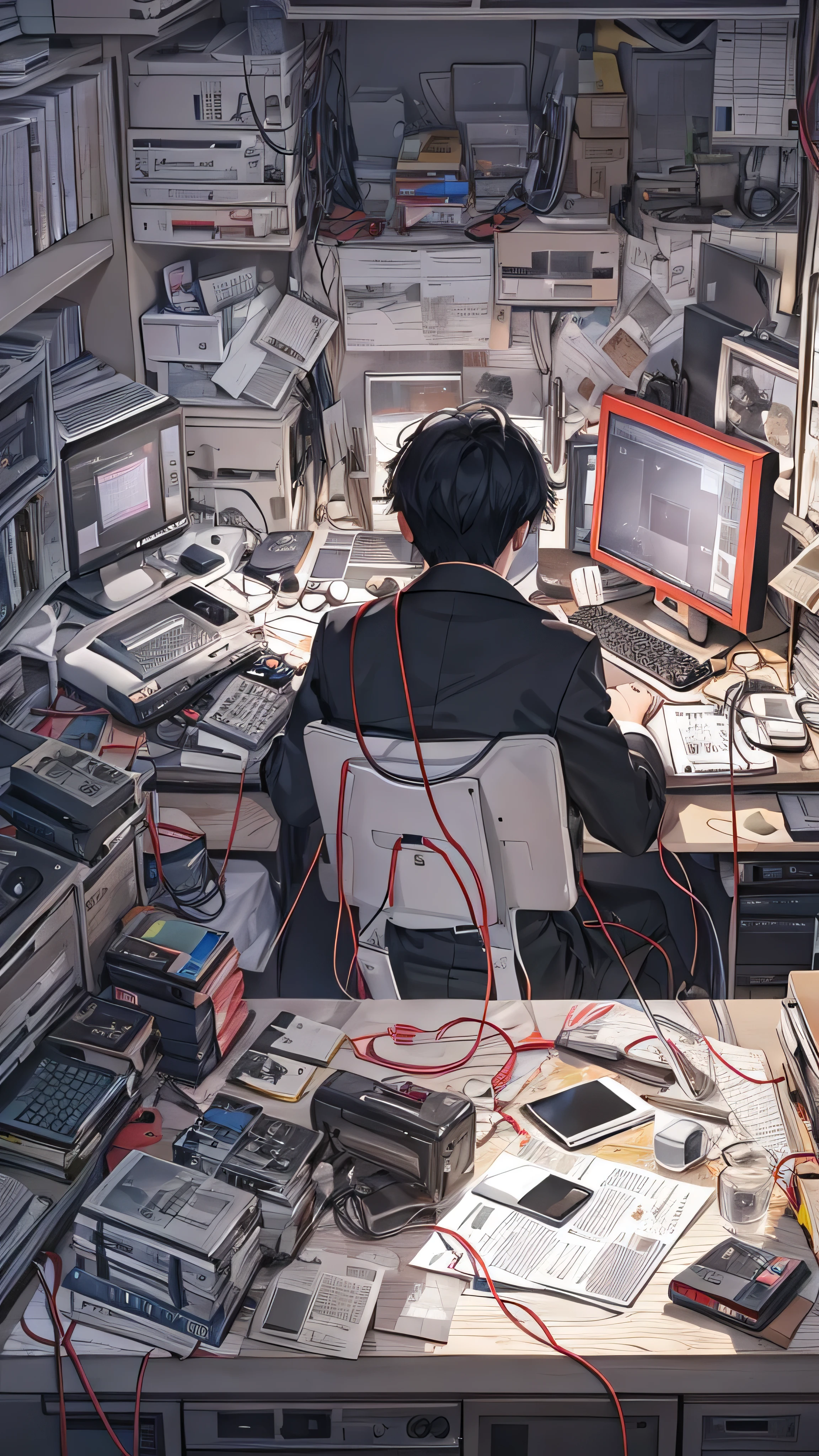 There is a man sitting at a desk with a lot of electronics - SeaArt AI