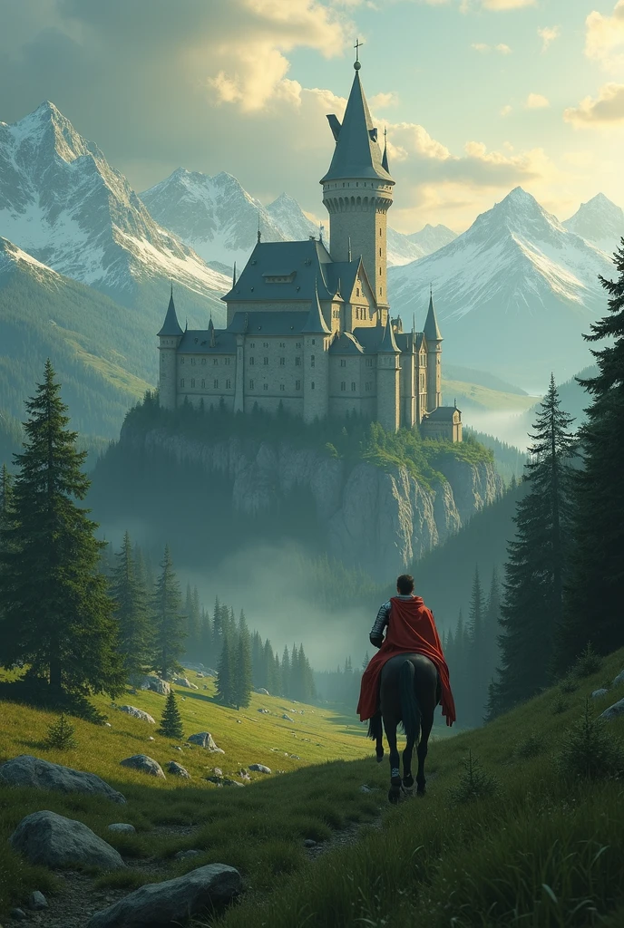 Moody, almost dark fantasy landscape with greenish forests, clearings ...