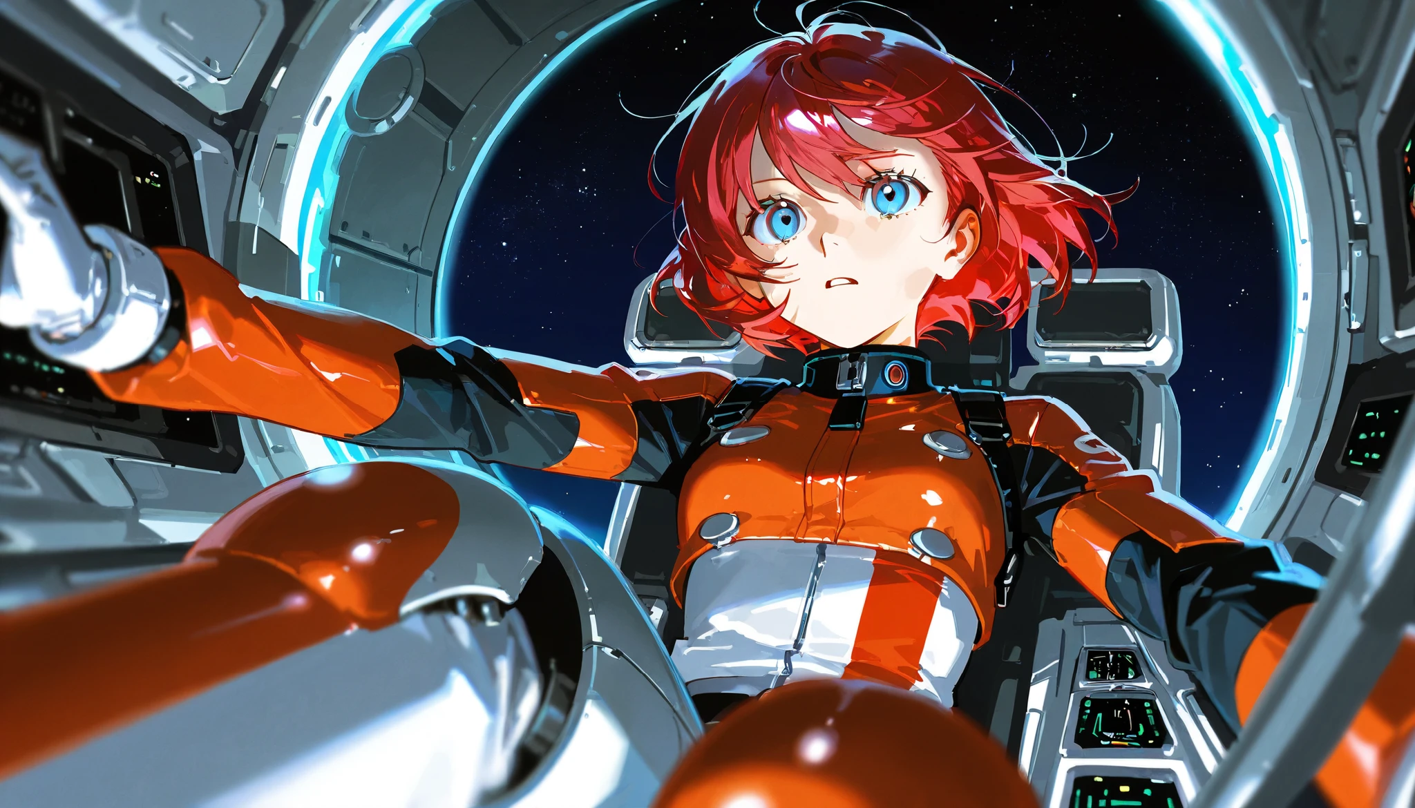 Anime girl in space with red hair and orange outfit - SeaArt AI