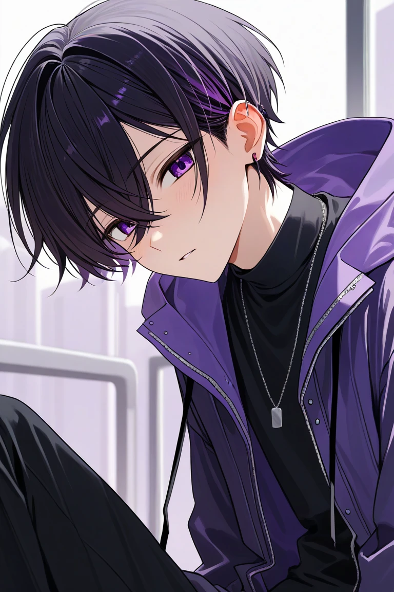 Make an image of an male with long black hair and violet/dark purple ...