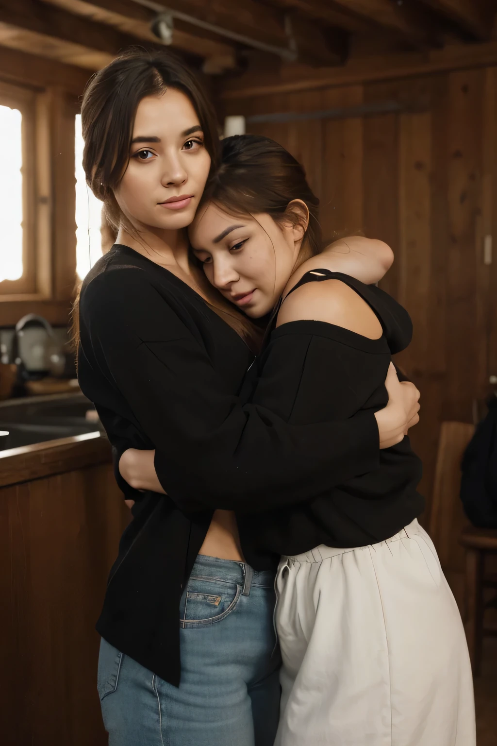 There are two women hugging each other in a kitchen - SeaArt AI