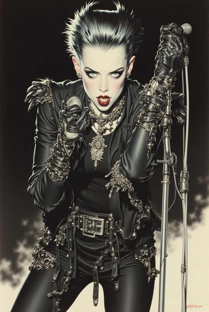 A pencil sketch of a A 18yo gothic punk girl on stage expressive ...