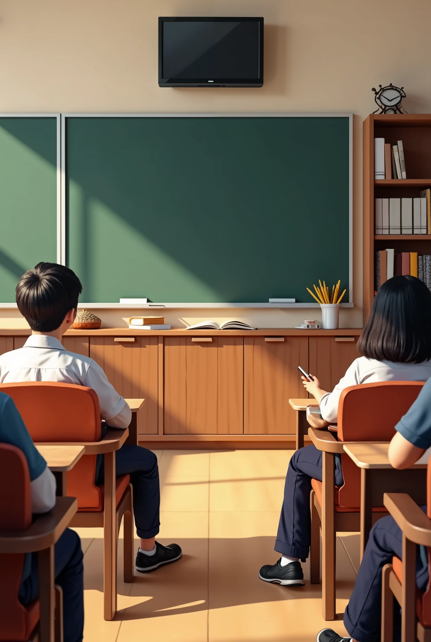 Students sitting in a classroom watching a teacher on a tv - SeaArt AI
