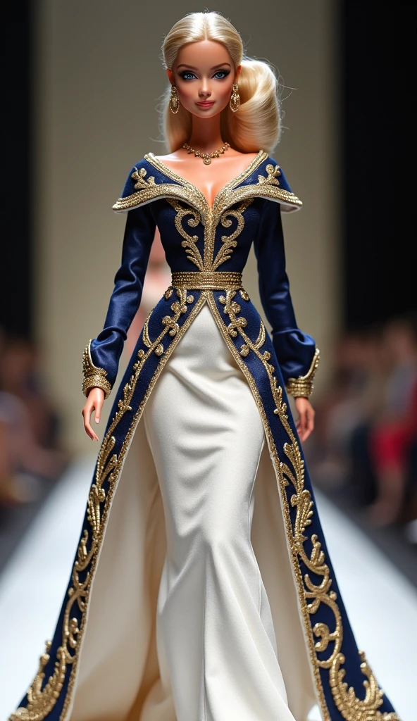 Barbie in a white and navy blue dress with gold earrings, elegant ...