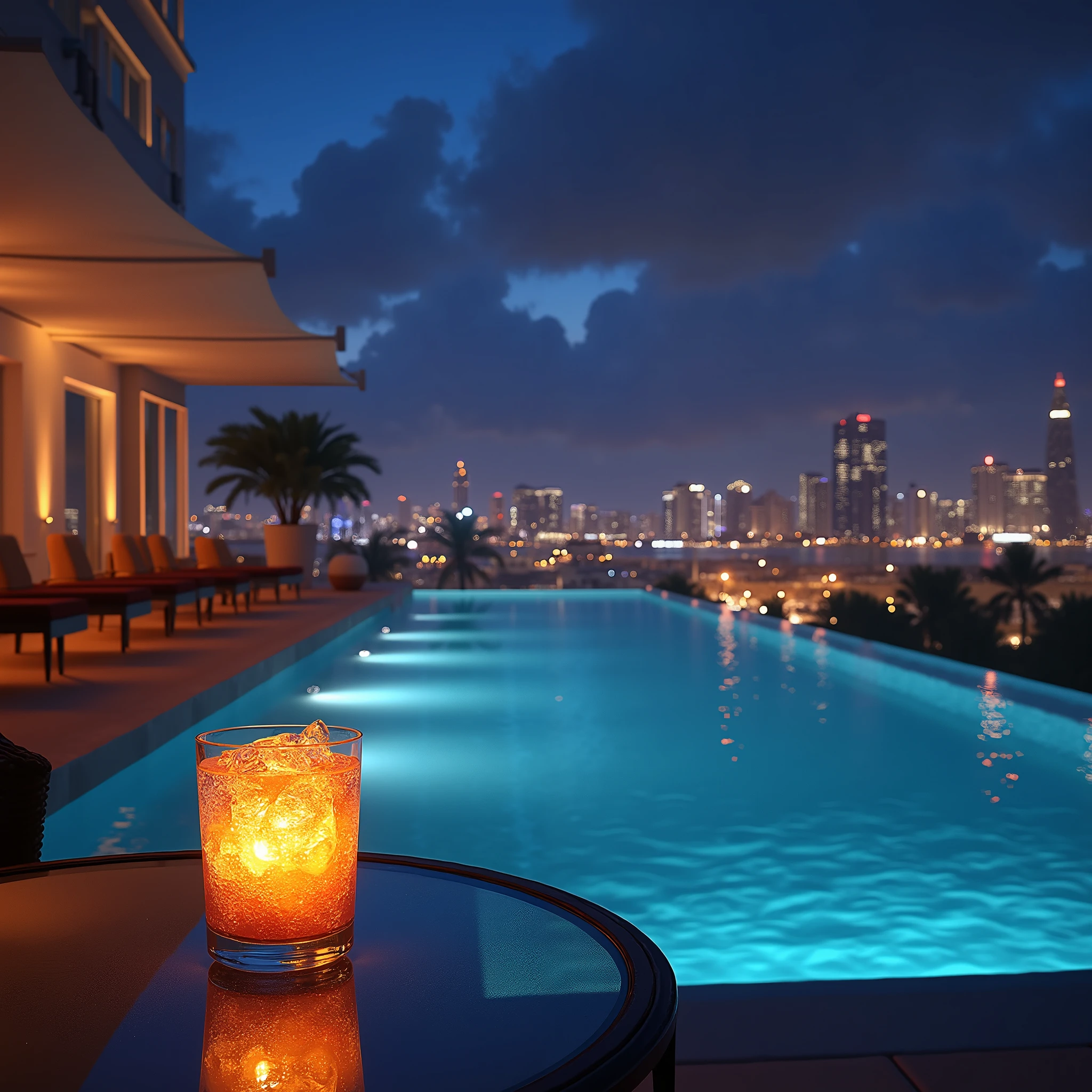 Nighttime view of a pool with a candle and a city skyline - SeaArt AI