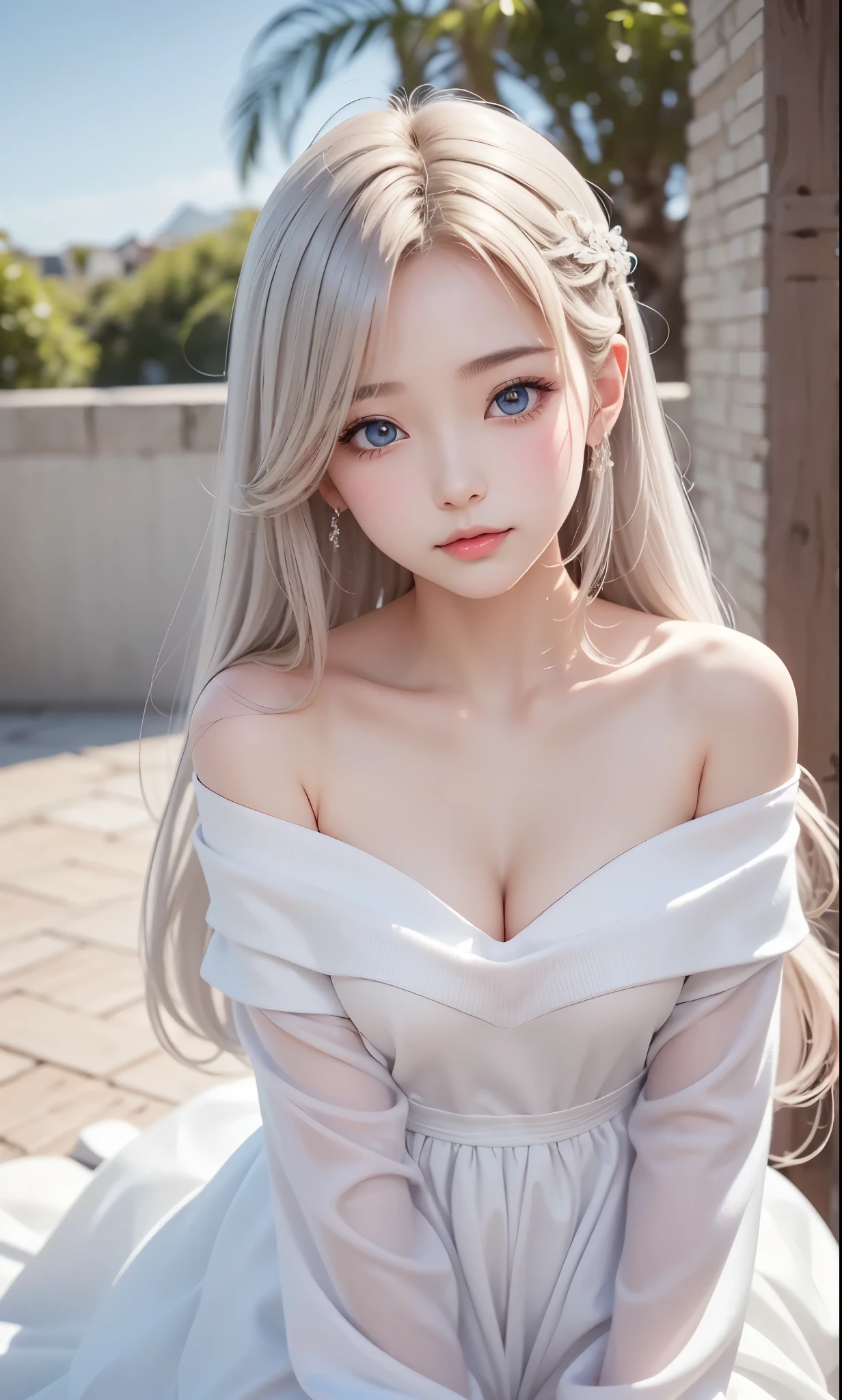 A close up of a woman in a white dress posing for a picture - SeaArt AI