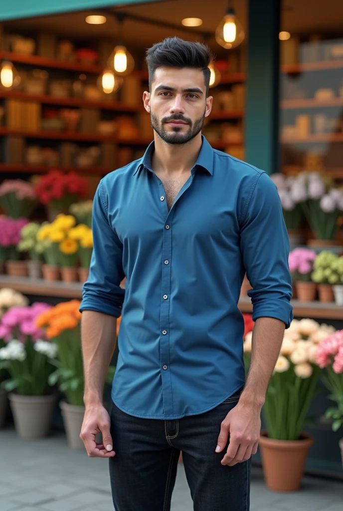 Handsome crooked man in a blue shirt standing , (38 years old - SeaArt AI