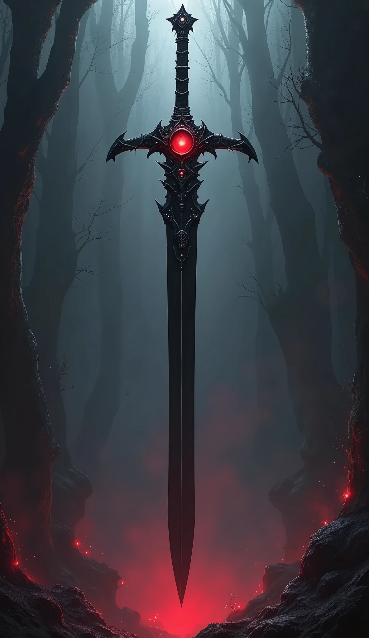 A close up of a sword in a dark forest with red lights - SeaArt AI