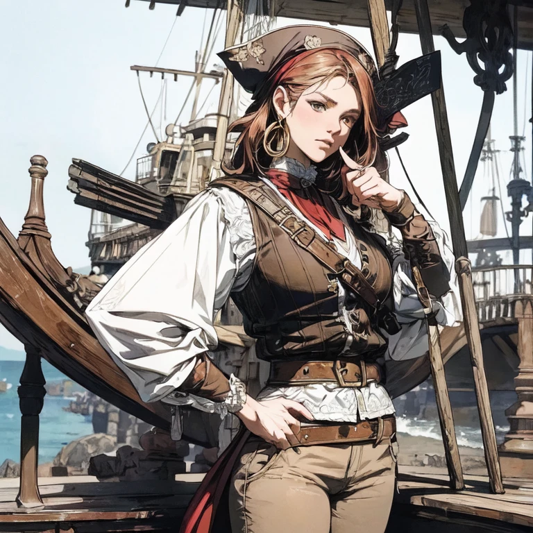 A 30-year-old red-haired pirate captain , wavy up to the shoulders ...