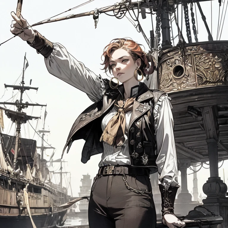 A 30-year-old red-haired pirate captain , wavy up to the shoulders ...