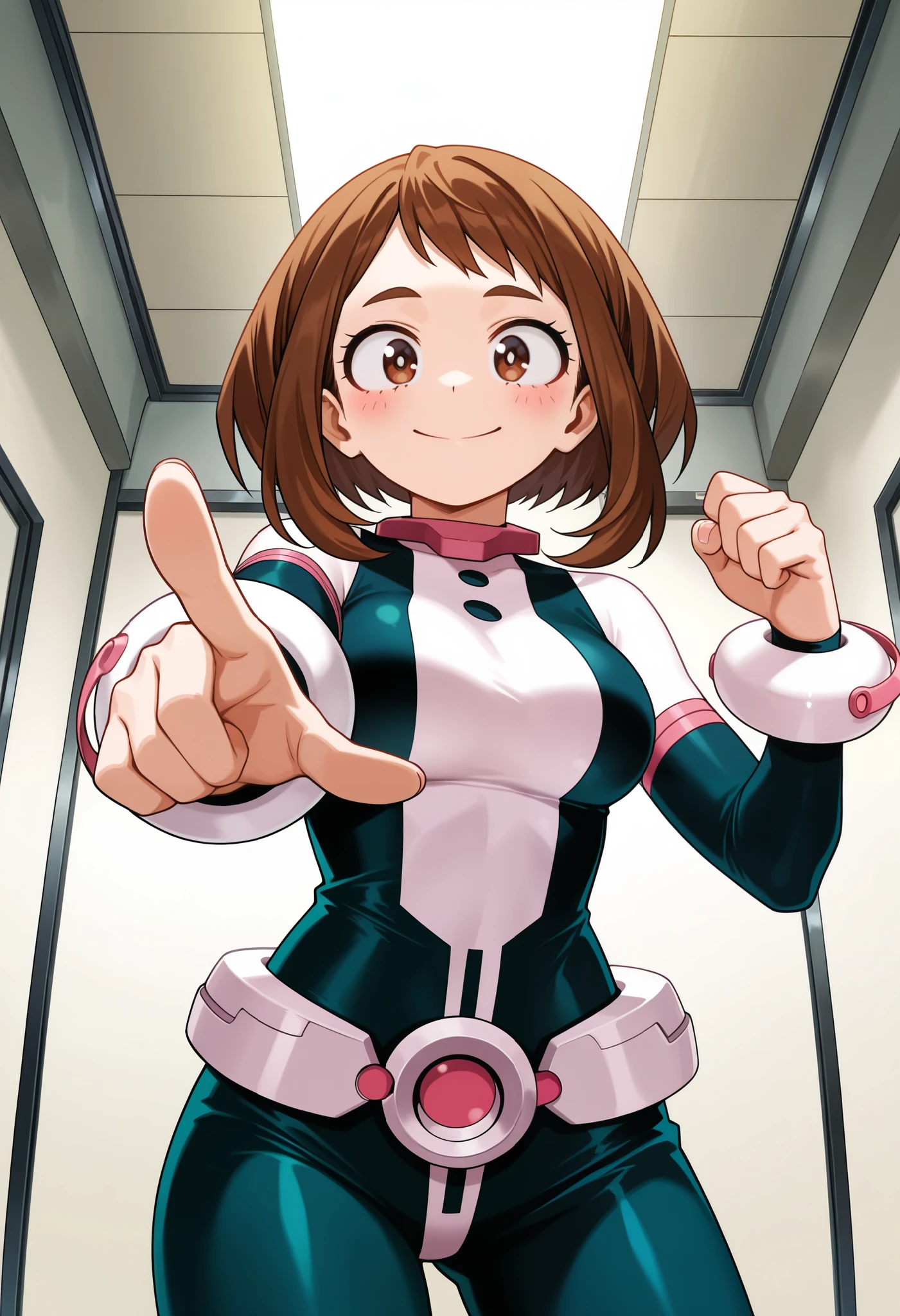 Anime girl in a black and white outfit pointing at the camera（uraraka ...