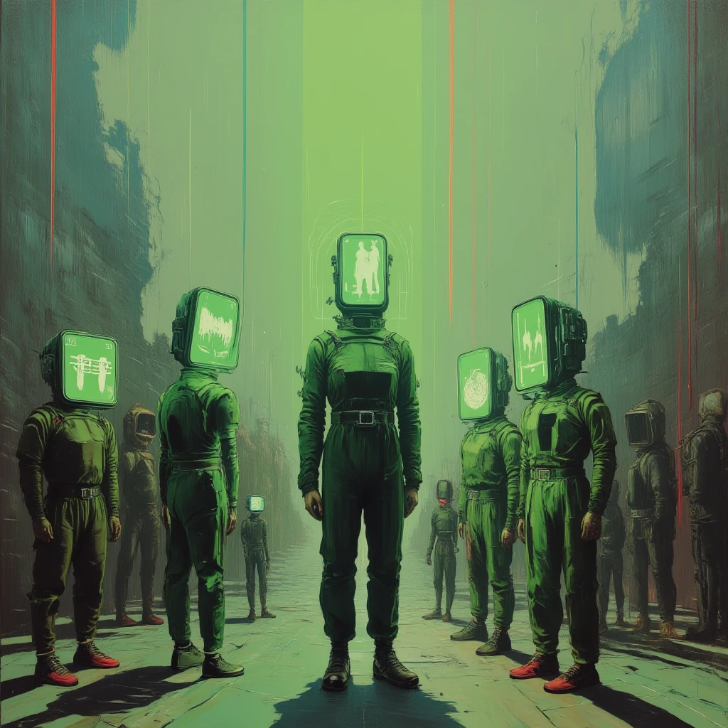 Lots of little persons with green light screen heads on painting medium ...