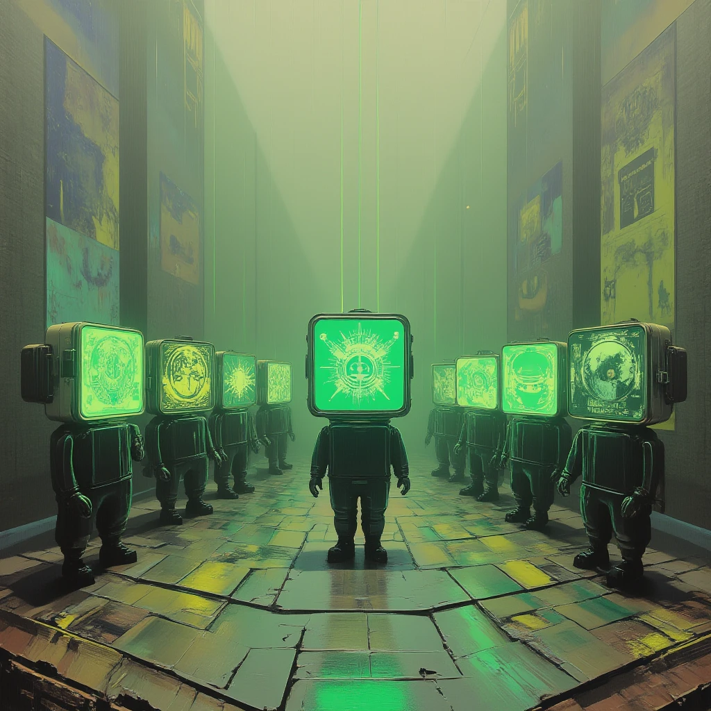 Lots of little persons with green light screen heads on painting medium ...