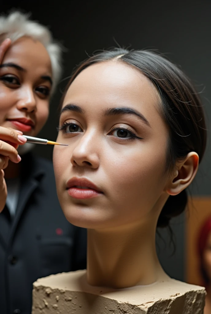 ((disembodied head)) A beautiful Indonesian woman stands expressionless ...
