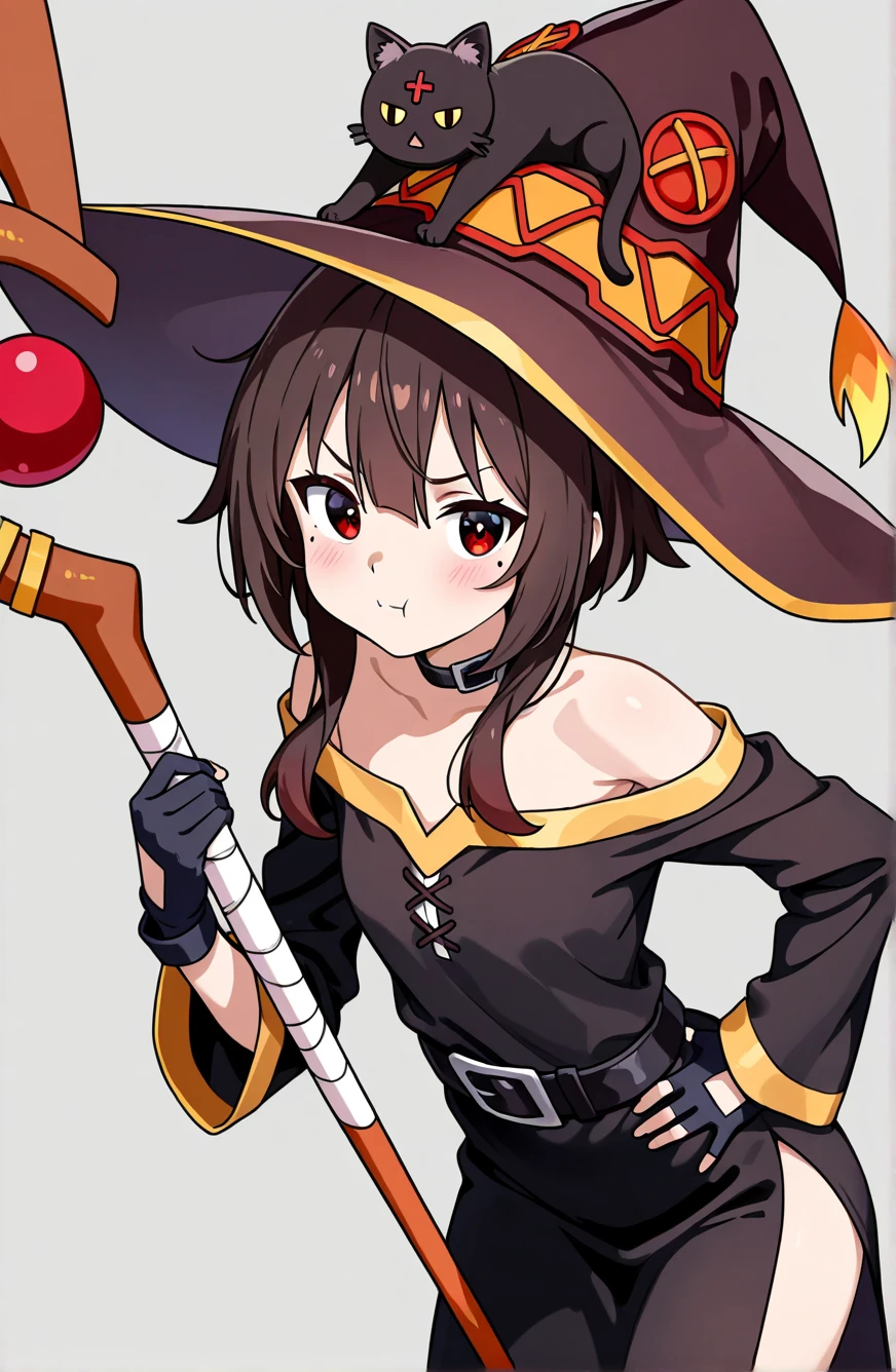 1girl, megumin, mole under eye, bare shoulders, black belts, black ...