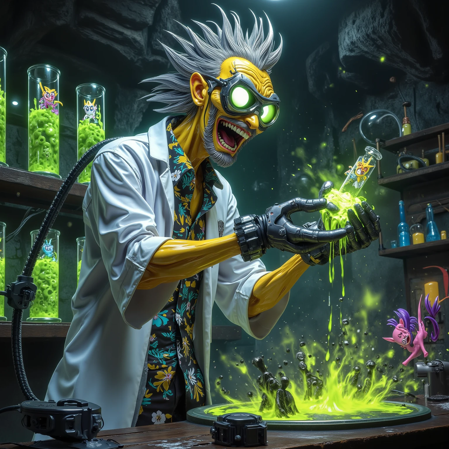 A short yellow mad scientist (spiked gray hair, goggle, insane laugh ...