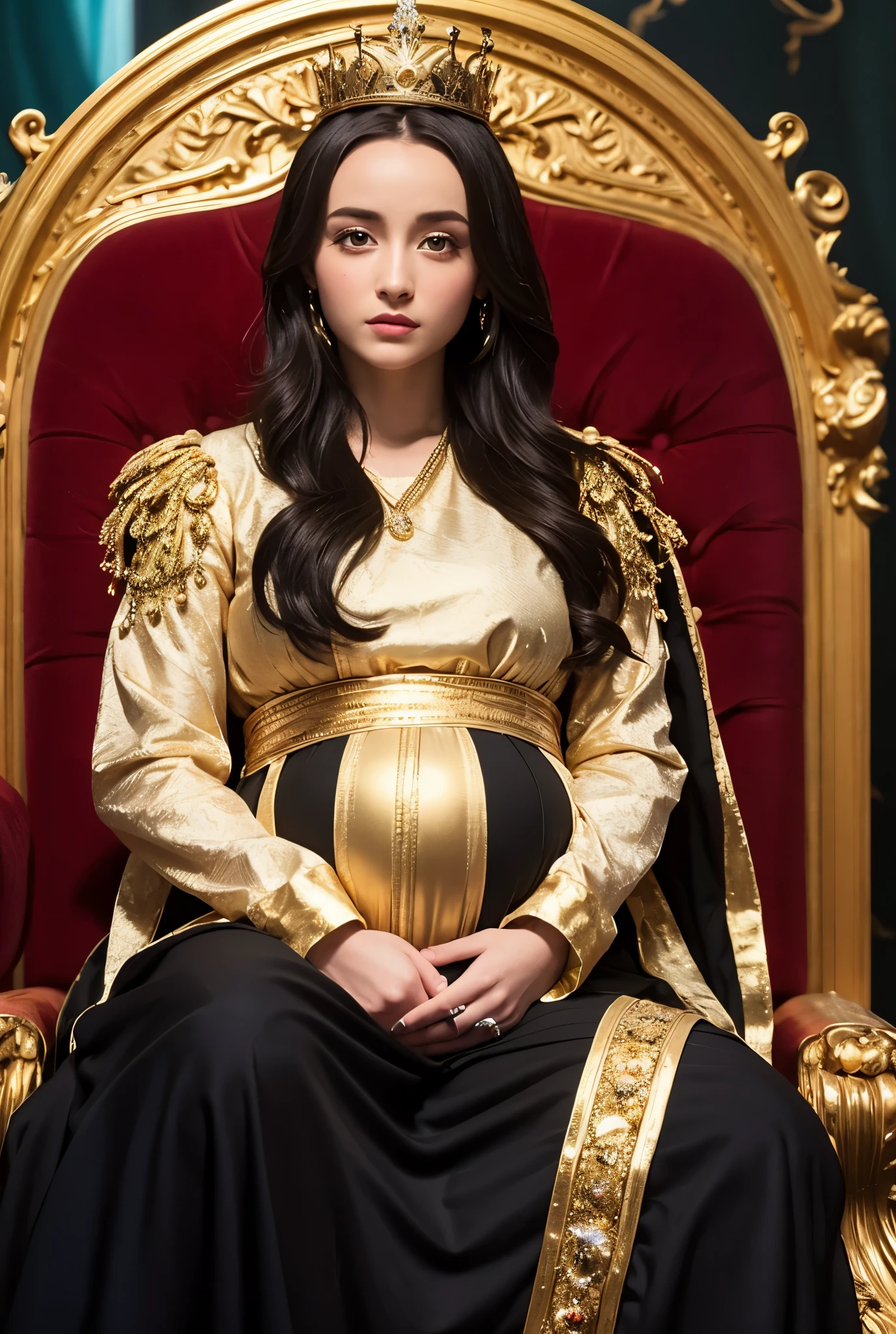 Araffe woman in a golden dress sitting on a red chair - SeaArt AI