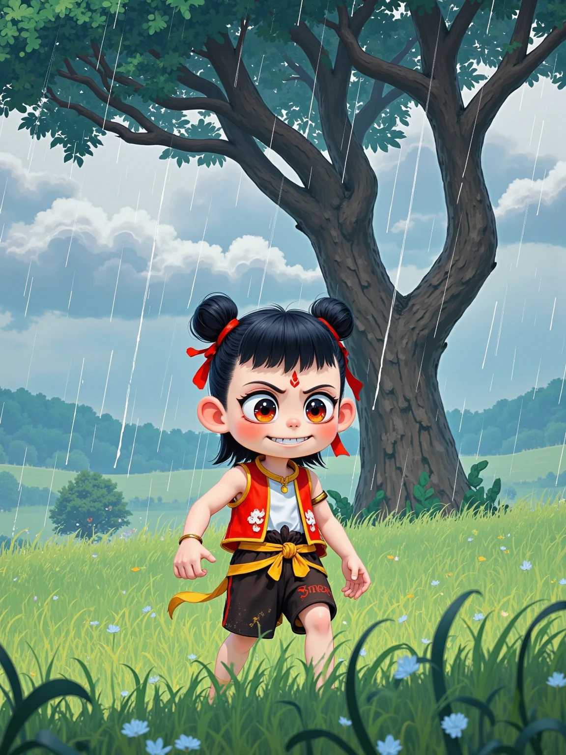 Aobing, Nezha, looking up, rain, heavy rain, wet clothes, sketch ...