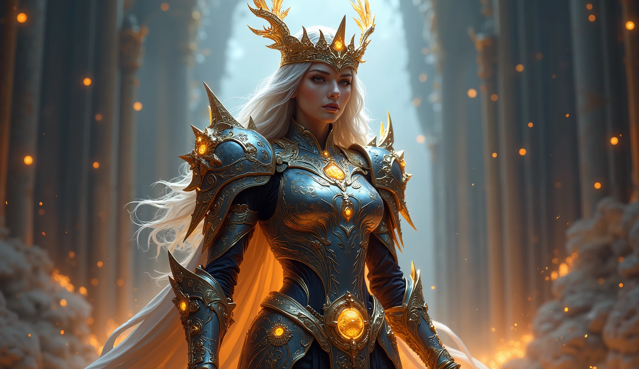 A close up of a woman in a golden crown and armor - SeaArt AI