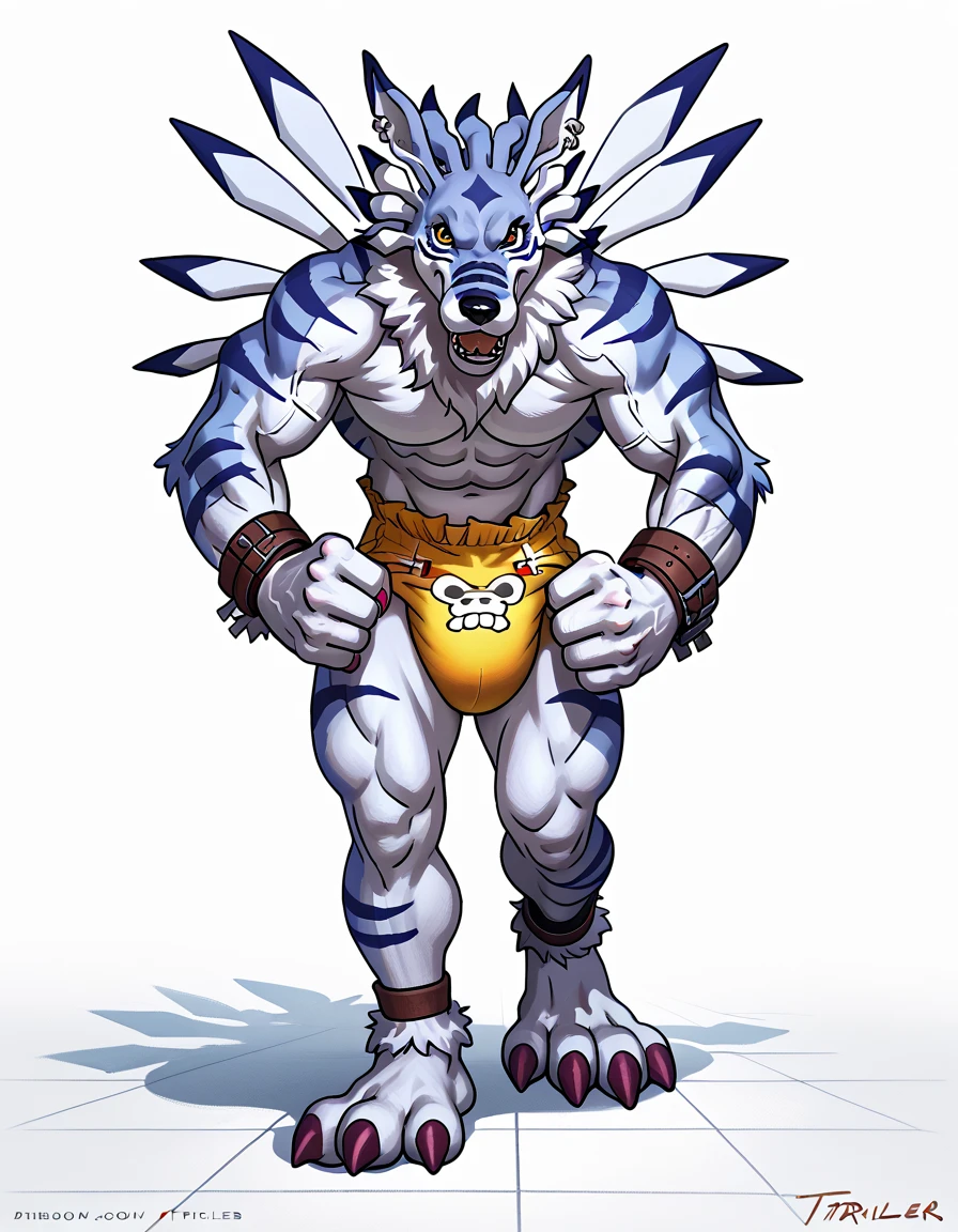 Source_anime, cartoon, weregarurumon, white background, white floor ...