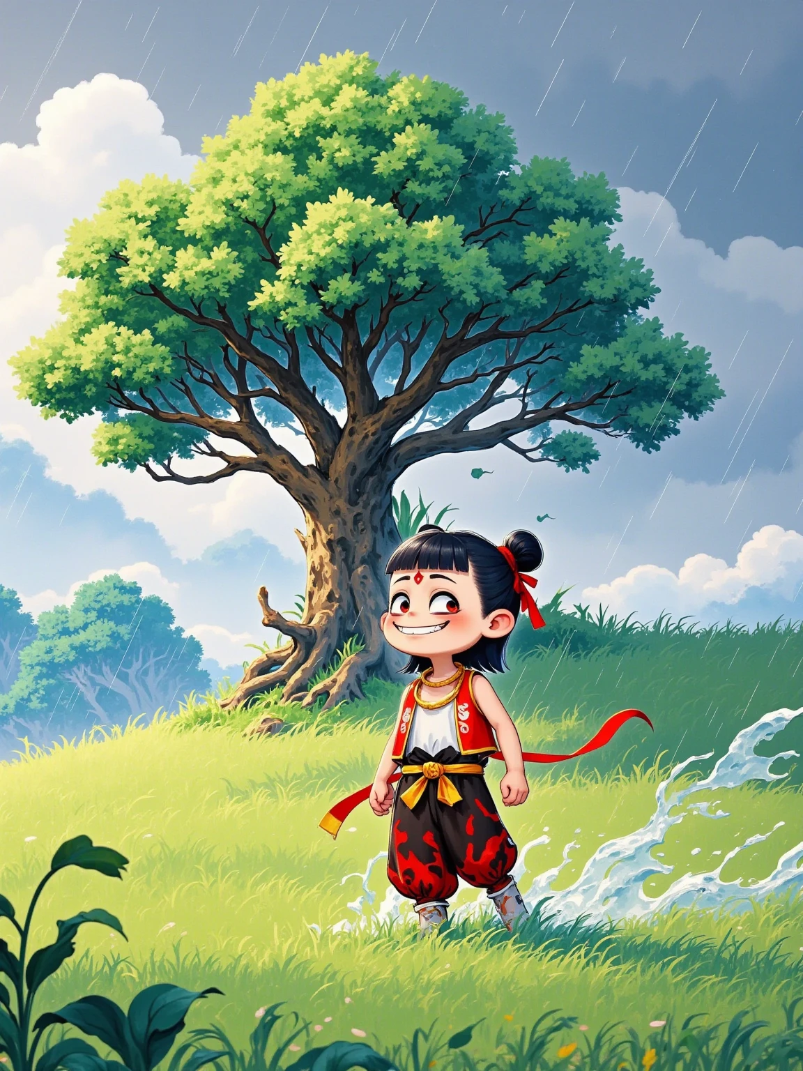 Aobing, Nezha, looking up, rain, heavy rain, wet clothes, sketch ...