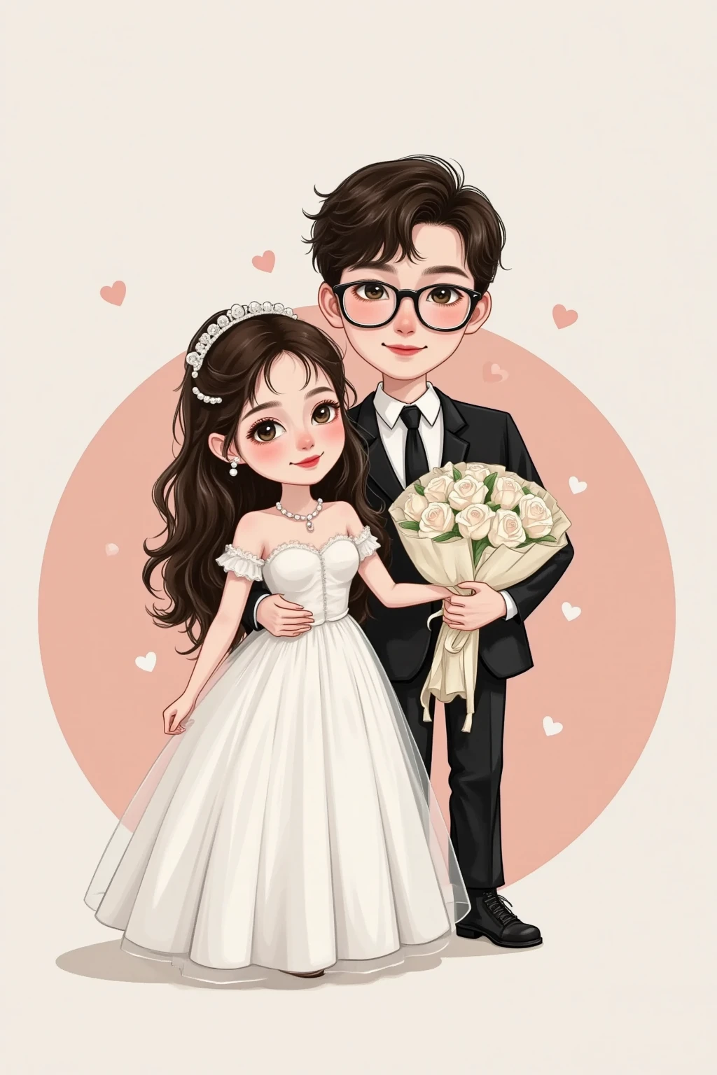 Bride in white end-face wedding dress, groom taller and bride shorter ...