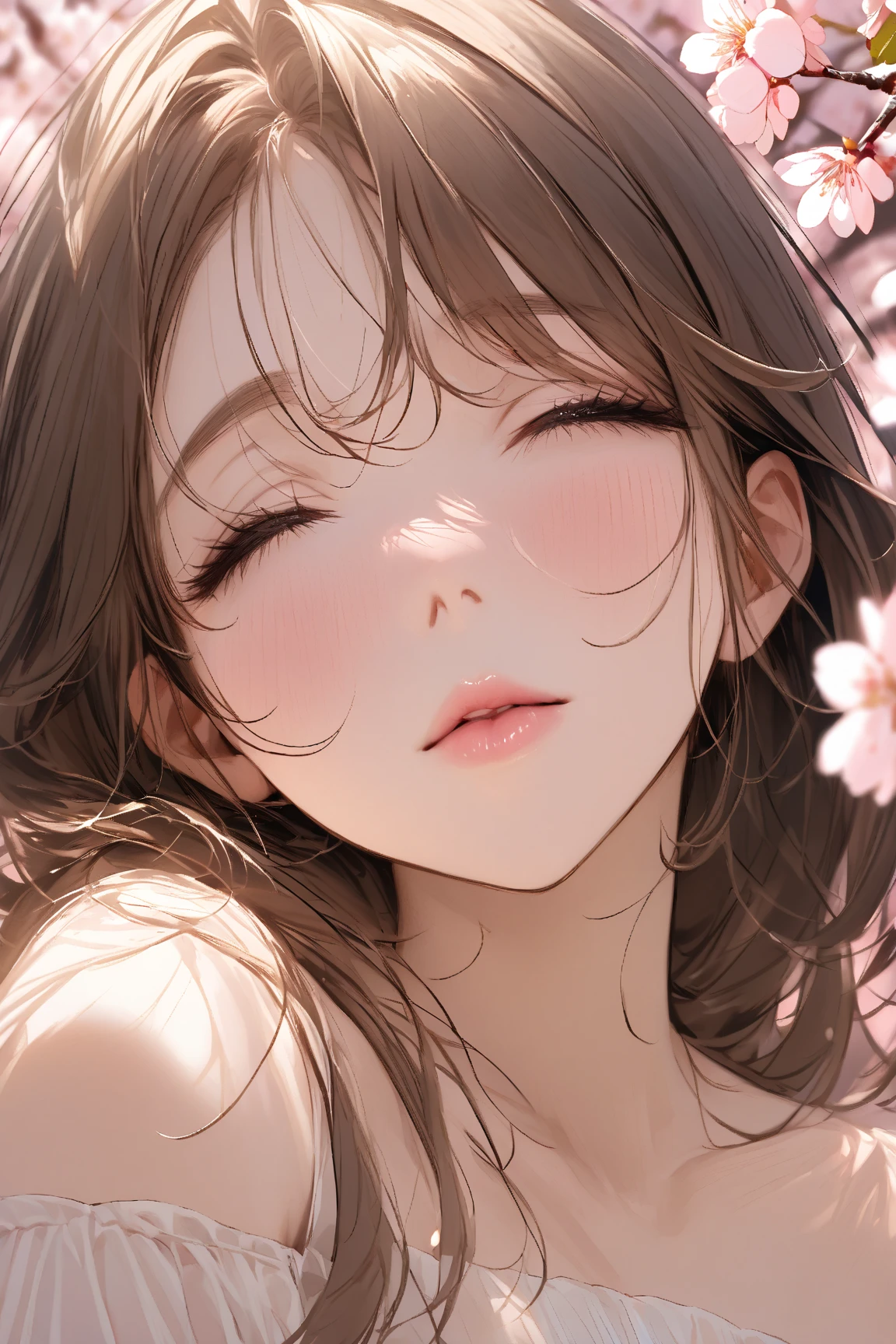 A stunning young woman depicted from the chest up in a park during ...